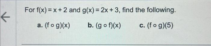 Solved For f(x)=x+2 and g(x)=2x+3, find the following. a. | Chegg.com