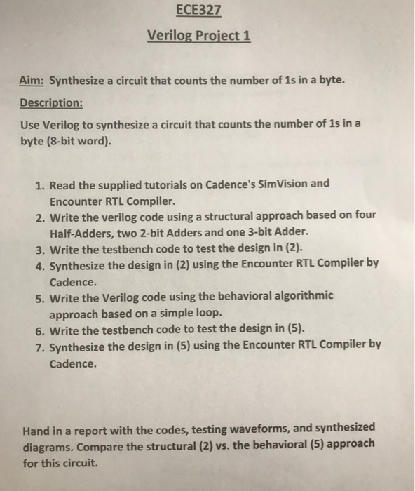 ECE327 Verilog Project 1 Aim: Synthesize a circuit | Chegg.com