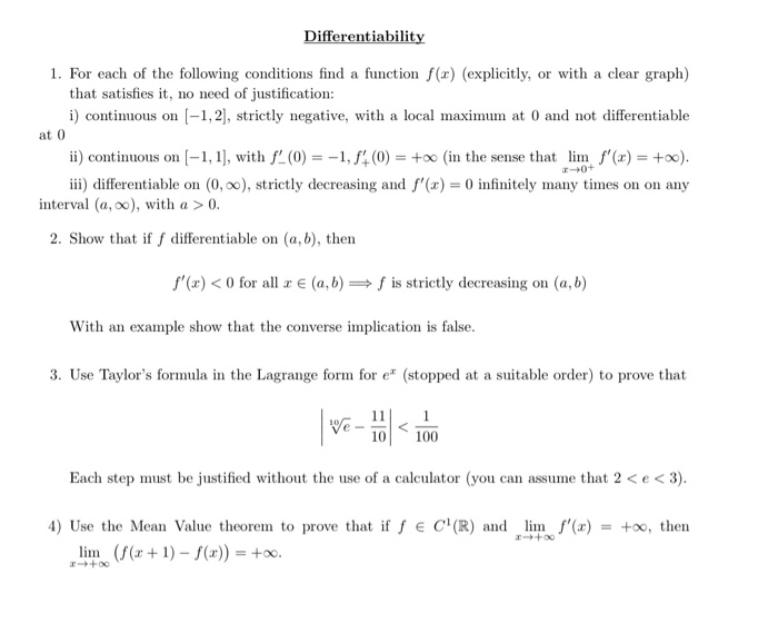 Solved Differentiability 1. For each of the following | Chegg.com