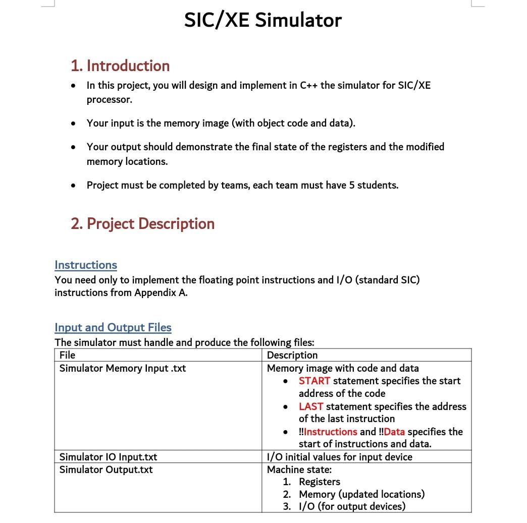 Solved SIC/XE Simulator 1. Introduction In this project, you | Chegg.com