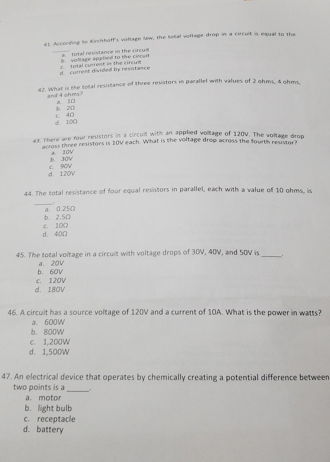 Solved 41. According to Kirchhoff's voltage law, the total | Chegg.com