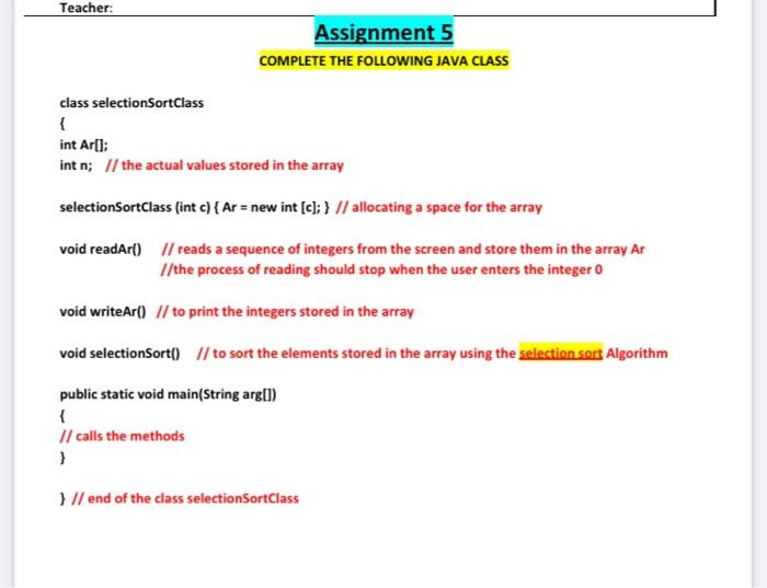Solved Teacher: Assignment 5 COMPLETE THE FOLLOWING JAVA | Chegg.com