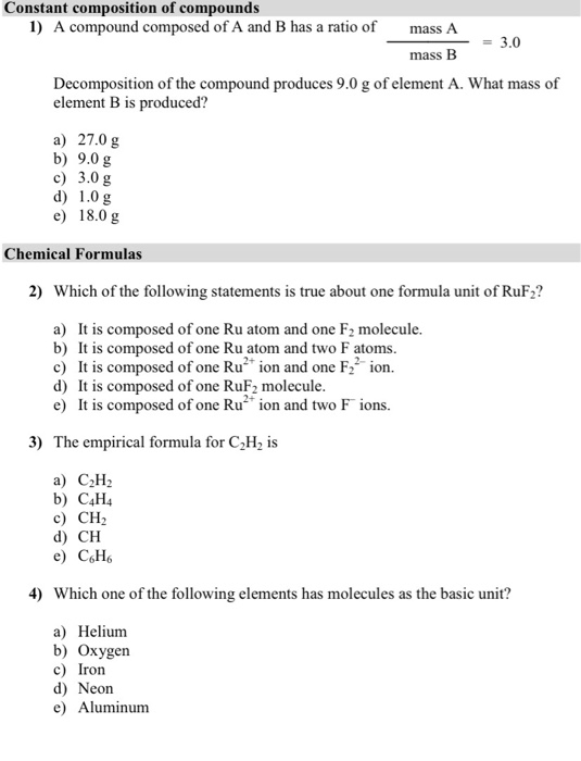 Solved = 3.0 Constant composition of compounds 1) A compound | Chegg.com