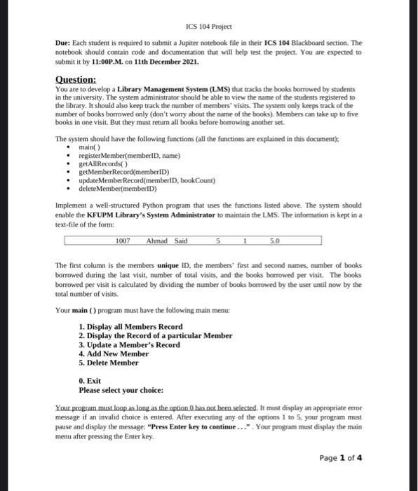 Solved ICS 104 Project Due: Each student is required to | Chegg.com