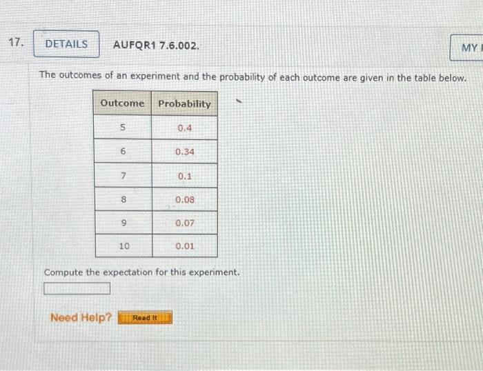 Solved The outcomes of an experiment and the probability of | Chegg.com