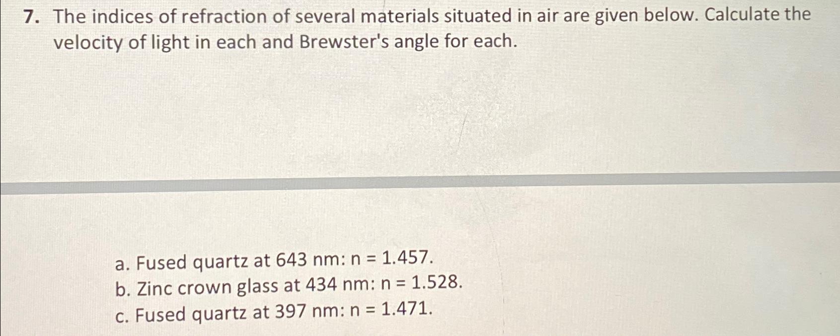 Solved The indices of refraction of several materials | Chegg.com