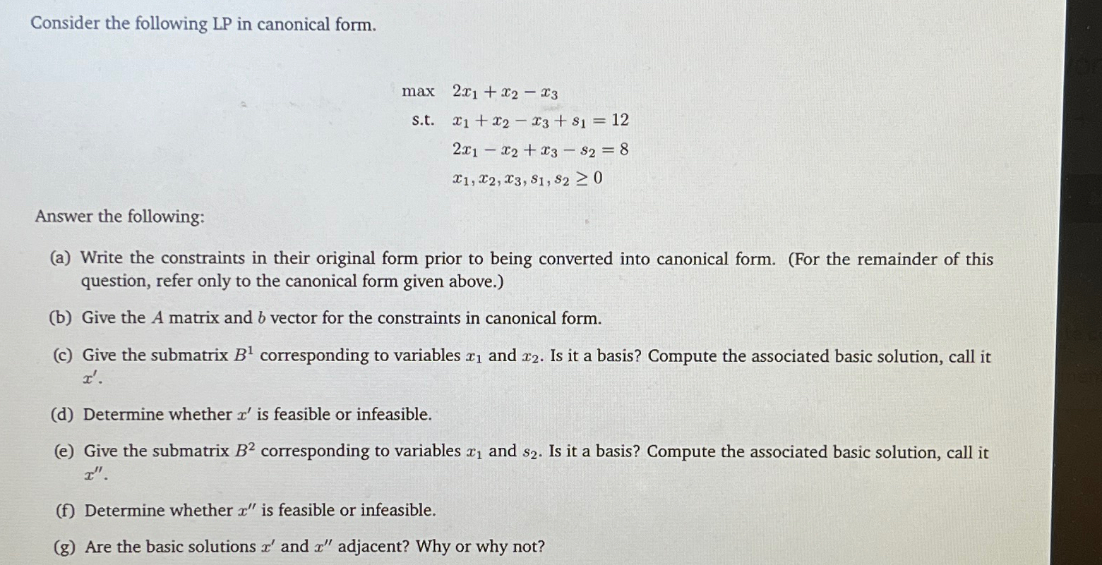Solved Consider the following LP in canonical | Chegg.com