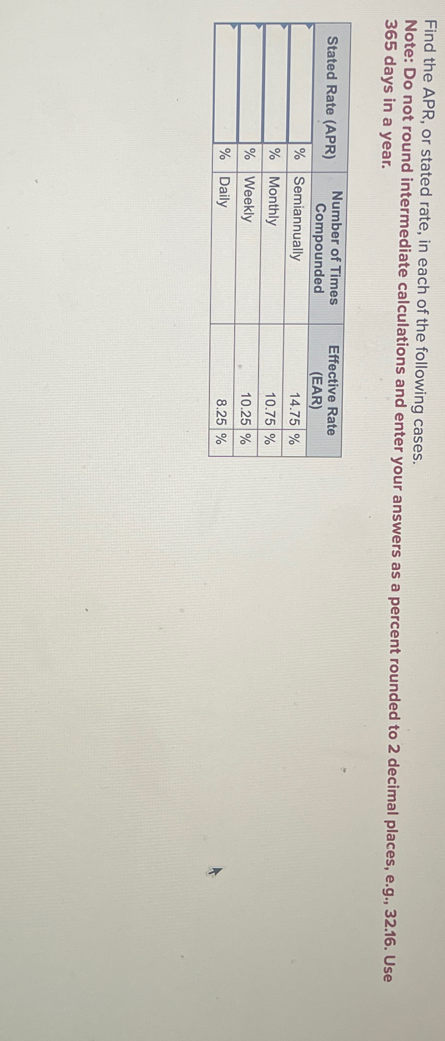 Solved Find the APR, or stated rate, in each of the | Chegg.com