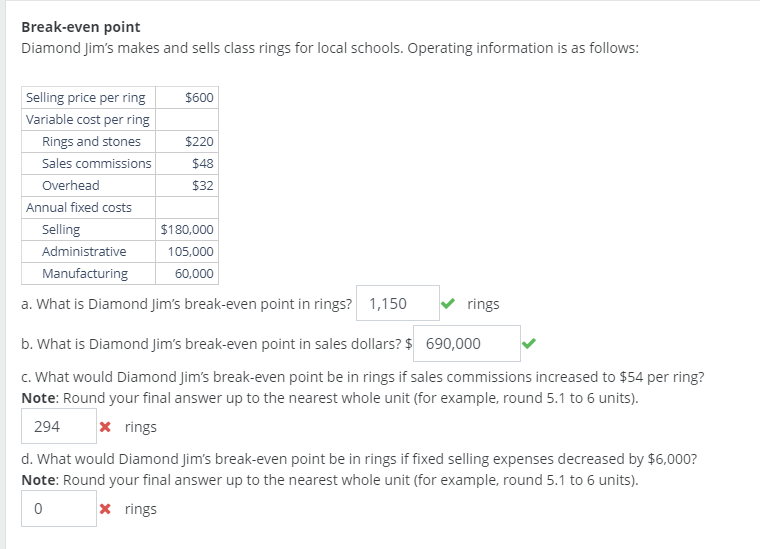 Solved Break-even pointDiamond Jim's makes and sells class | Chegg.com