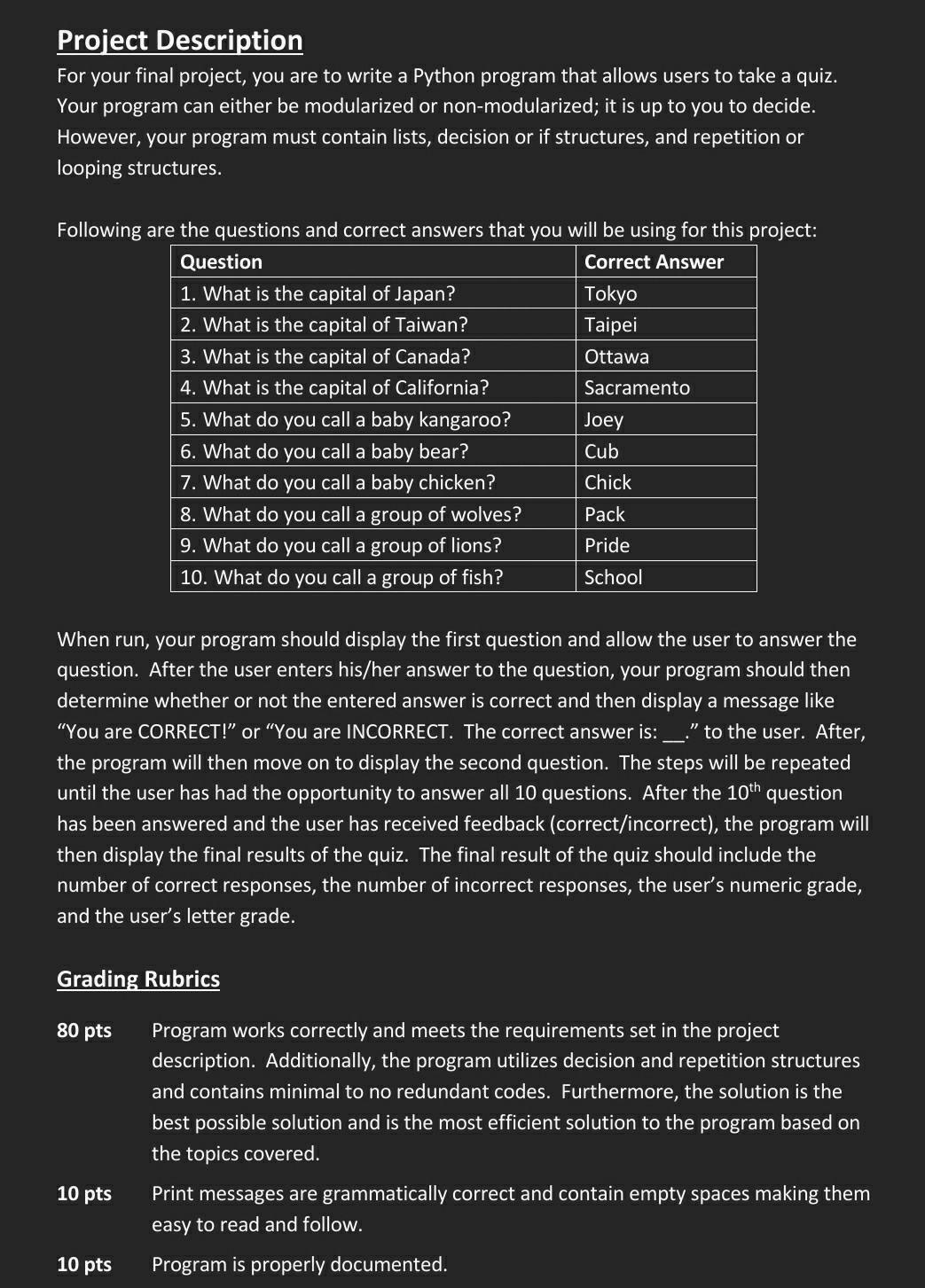 Solved Computer Science 6Project DescriptionFor your final | Chegg.com