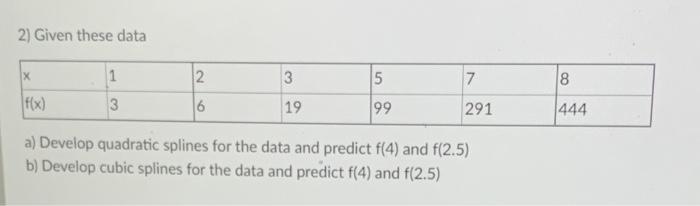Solved 2) Given these data a) Develop quadratic splines for | Chegg.com