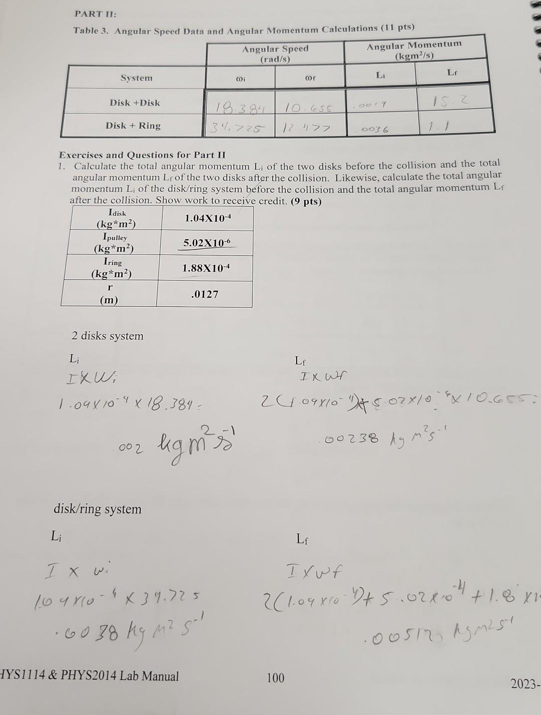 PART II: Table 3. Angular Speed Data and Angular | Chegg.com