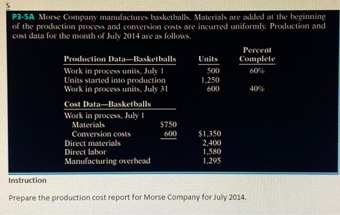 P3-5A Morse Company manufactures basketballs. | Chegg.com