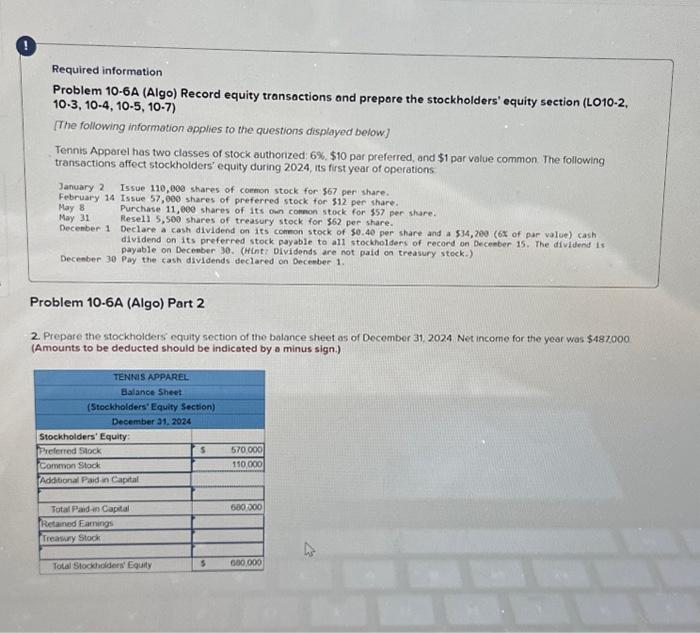 Solved Required information Problem 10-6A (Algo) Record | Chegg.com