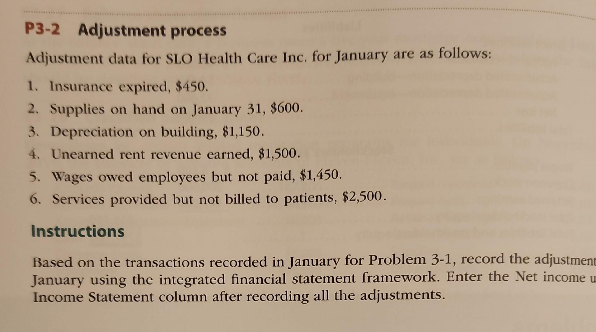 P3-2 Adjustment process Adjustment data for SLO | Chegg.com