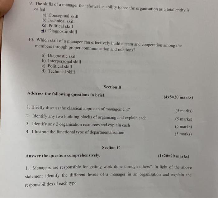 Solved 9. The skills of a manager that shows his ability to | Chegg.com