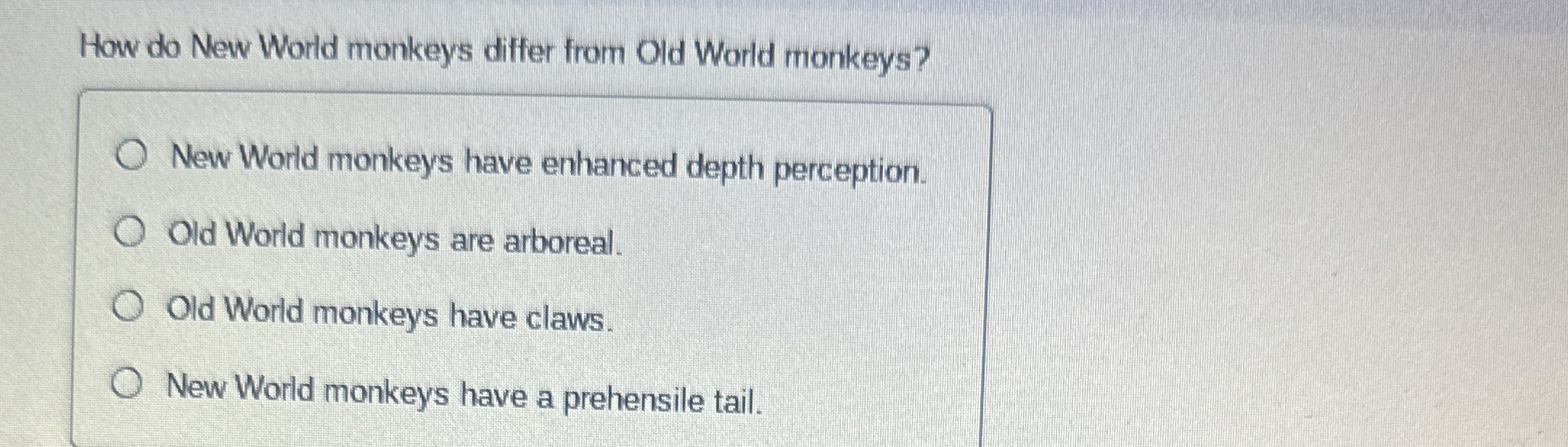Solved How do New World monkeys differ from Old World | Chegg.com