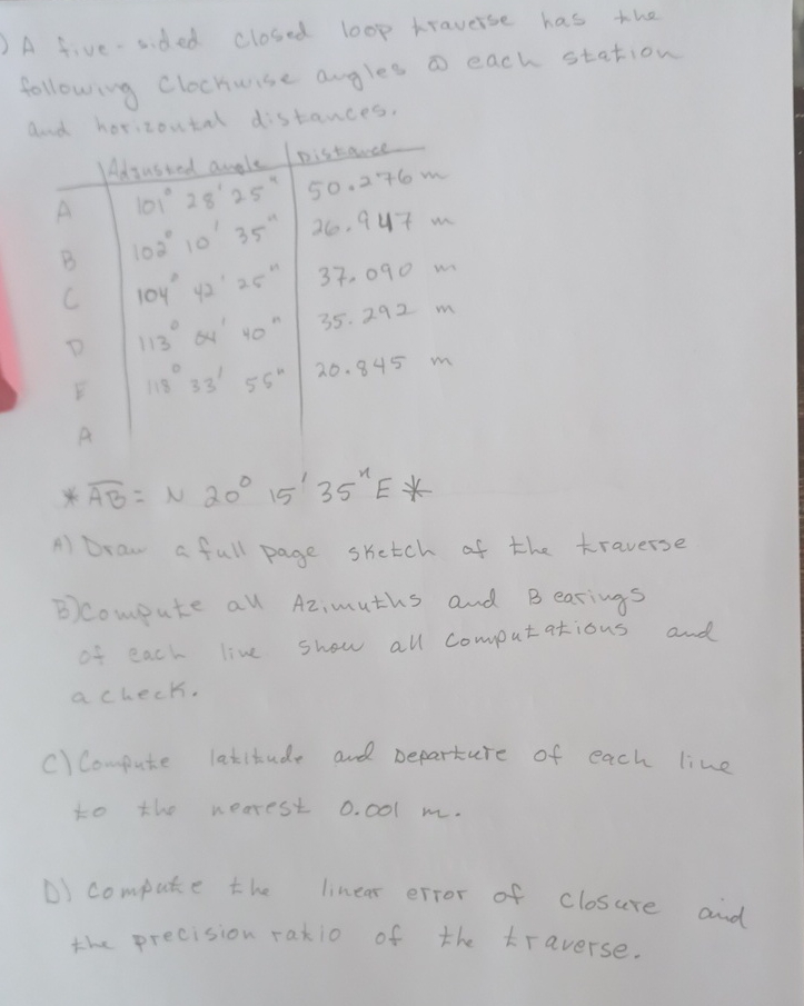 Solved A five-sided closed loop traverse has thefollowing | Chegg.com