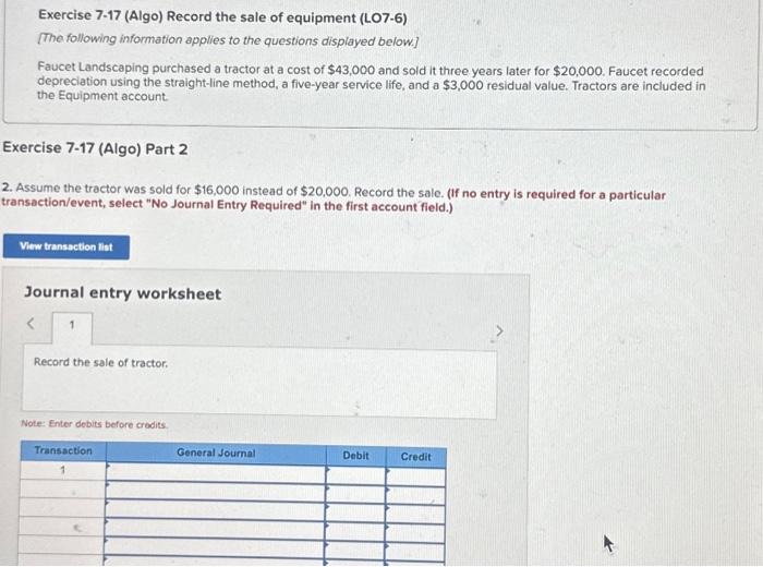 Solved Exercise 7-17 (Algo) Record the sale of equipment | Chegg.com