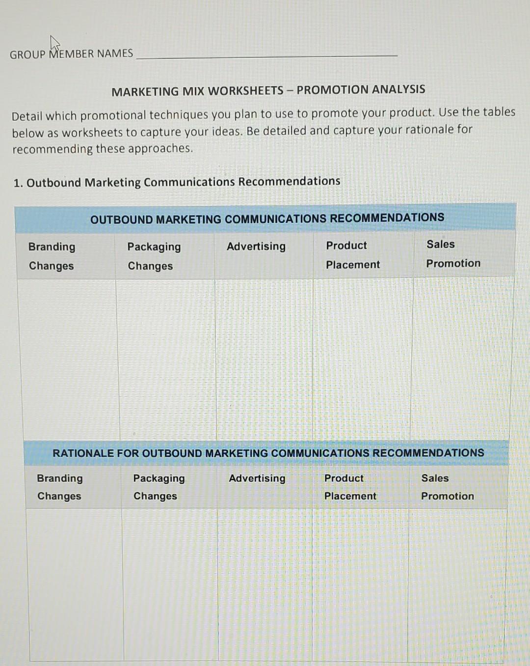 Solved 2. MARKETING MIX WORKSHEETS - PROMOTION ANALYSIS | Chegg.com