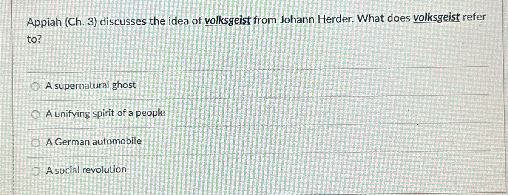 Solved Appiah (Ch. 3) ﻿discusses the idea of volksgeist from | Chegg.com