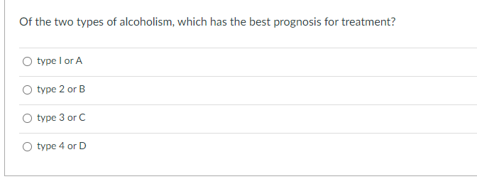 Solved Of the two types of alcoholism, which has the best | Chegg.com