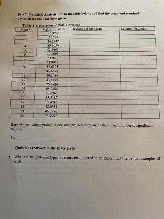 Solved Part 2: Statistical Analysis: Fill in the table | Chegg.com