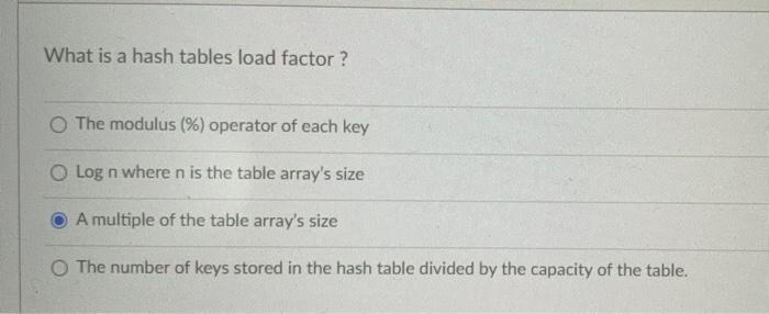 Solved What is a hash tables load factor ? The modulus (%) | Chegg.com