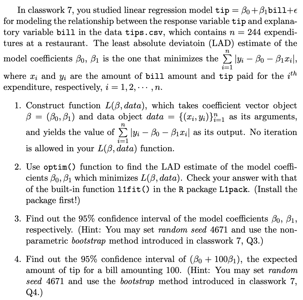 Solved In classwork 7, ﻿you studied linear regression model | Chegg.com