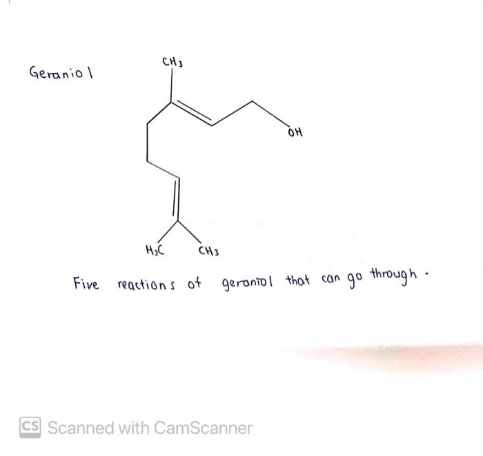 Solved CH3 Geranio 1 OH HC CH3 Five reactions of geraniol | Chegg.com
