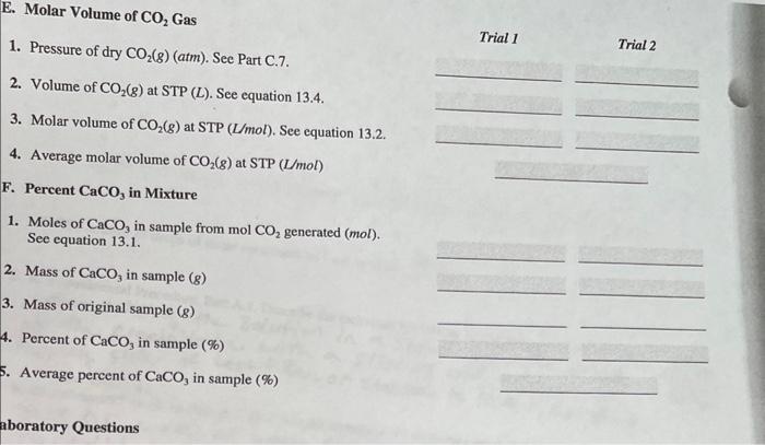 E. Molar Volume of CO2 Gas 1. Pressure of dry CO2( g) | Chegg.com