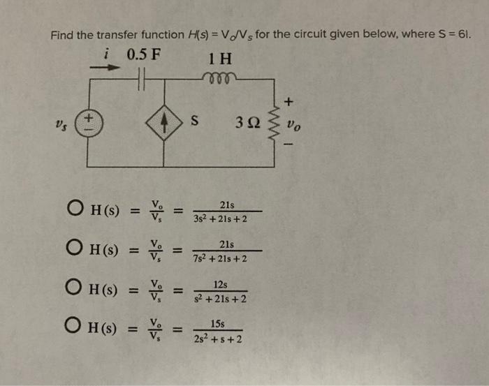 Solved Find the transfer function H(s) = Vs for the circuit | Chegg.com