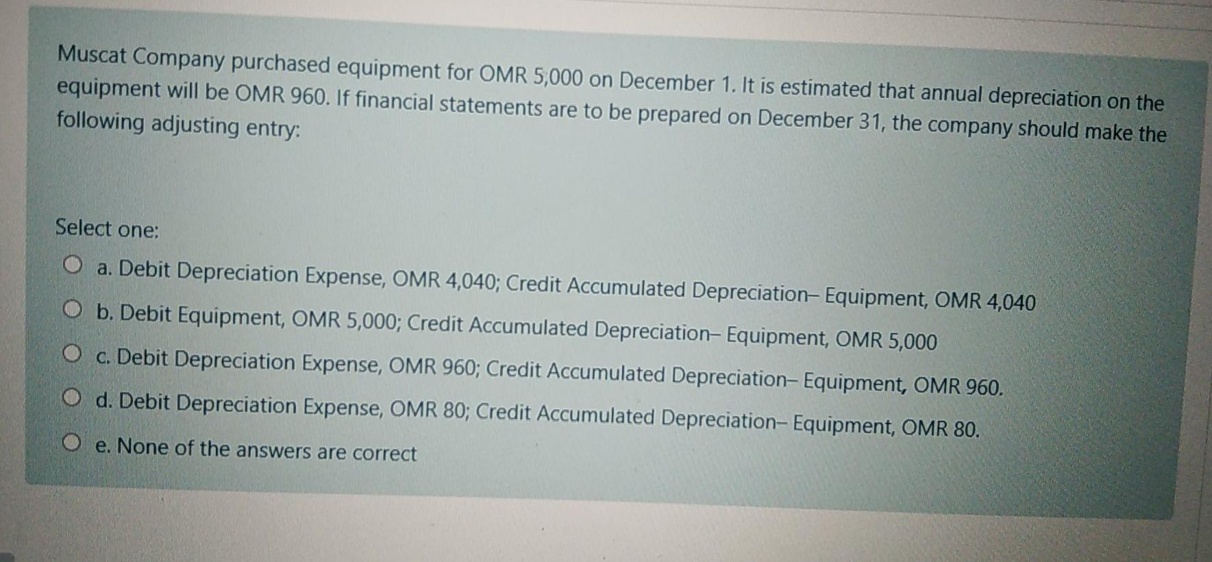 Solved Muscat Company purchased equipment for OMR 5,000 on | Chegg.com