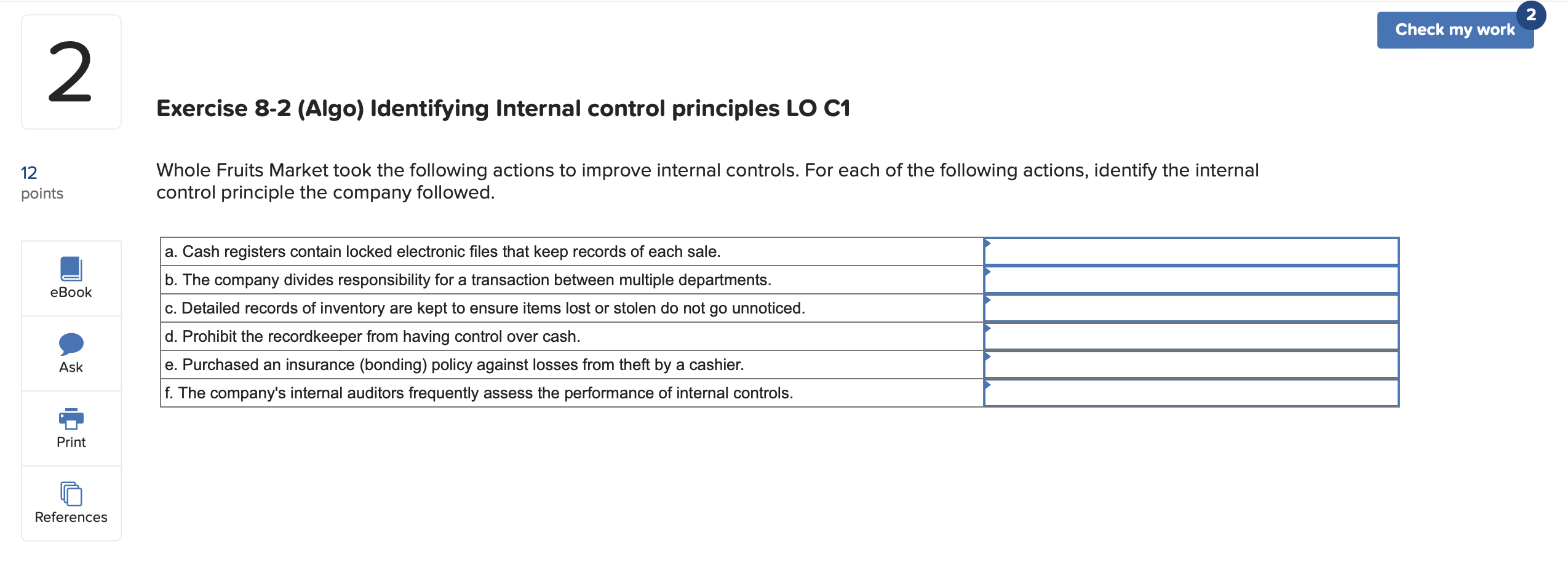 Solved Exercise 8-2 (Algo) ﻿Identifying Internal control | Chegg.com