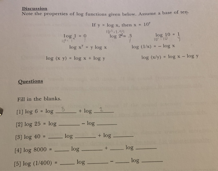 Solved Discussion Note the properties of log functions given | Chegg.com