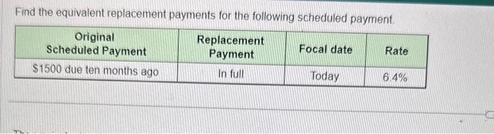 Solved Find the equivalent replacement payments for the | Chegg.com