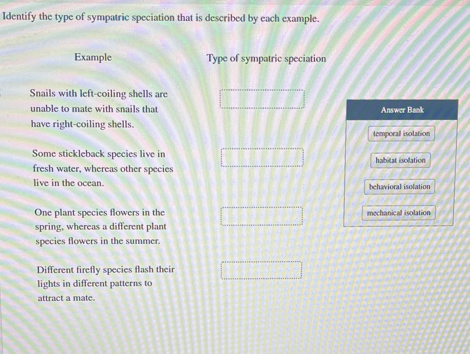 Solved Identify the type of sympatric speciation that is | Chegg.com Solved Identify the type of sympatric speciation that is | Chegg.com