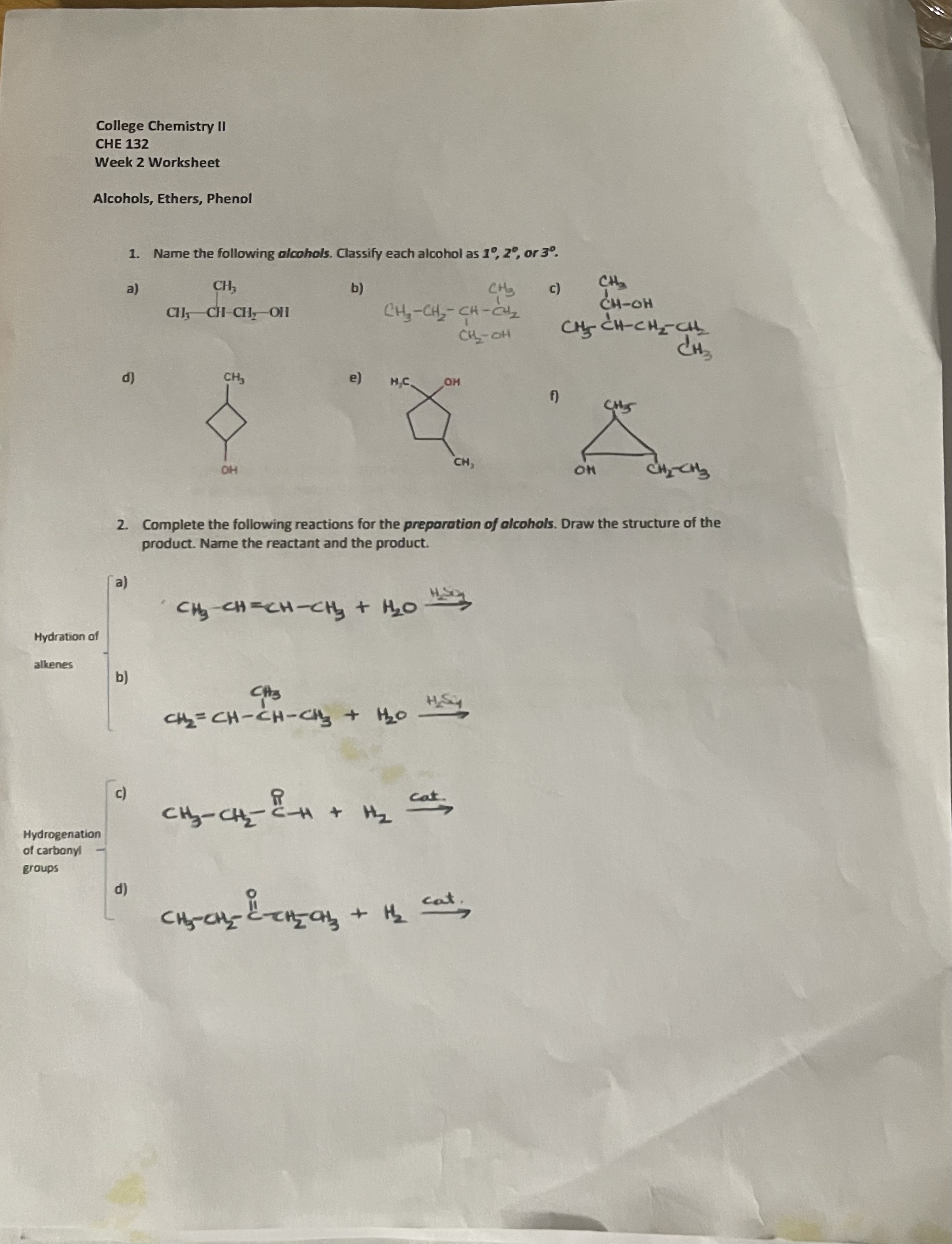 Alcohols, Ethers, Phenol 1. ﻿Name the following | Chegg.com