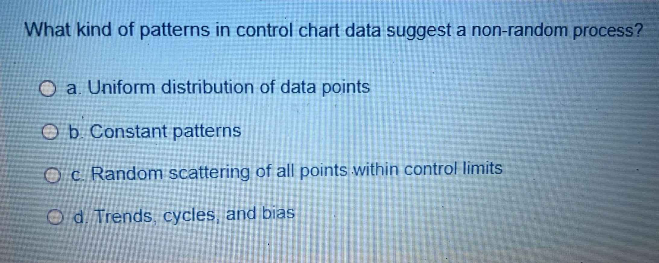 Solved What kind of patterns in control chart data suggest a | Chegg.com