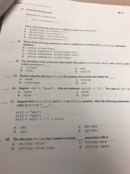 Solved Name 62. Given the following code ID: A namespace | Chegg.com