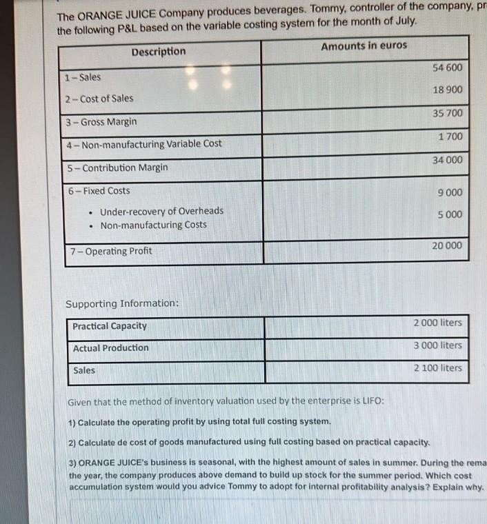 Solved The ORANGE JUICE Company produces beverages. Tommy, | Chegg.com
