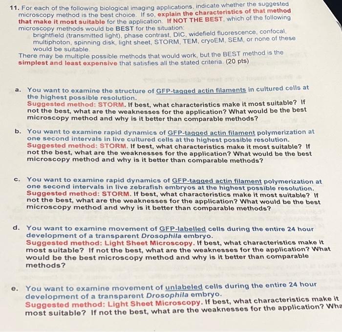 Solved 11. For each of the following biological imaging | Chegg.com