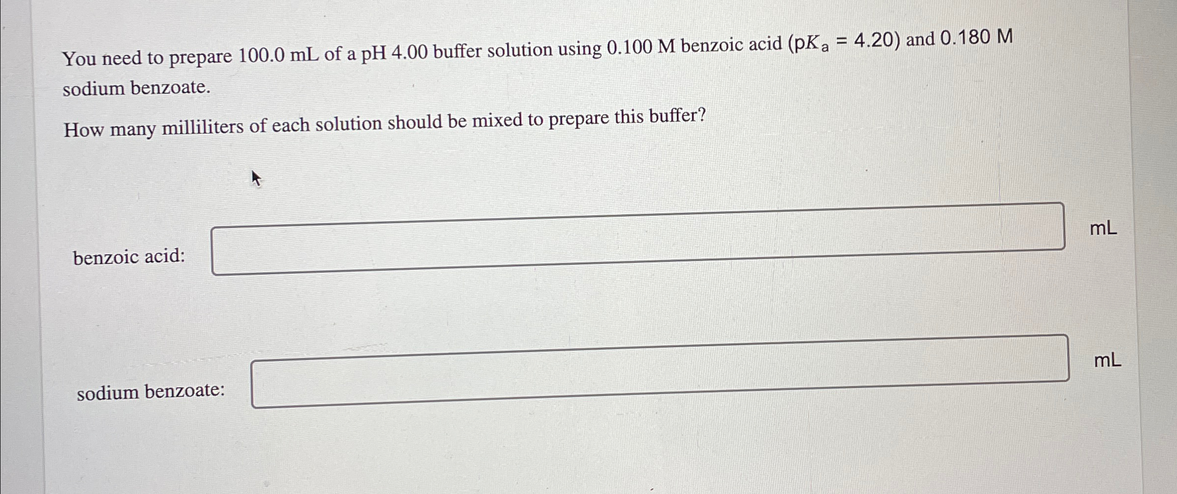 Solved You need to prepare 100.0mL ﻿of a pH 4.00 ﻿buffer | Chegg.com