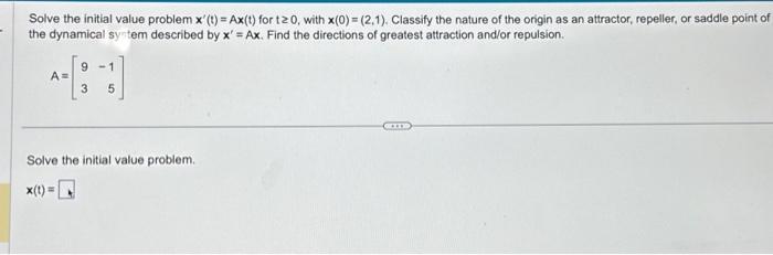 Solved Solve the initial value problem x′(t)=Ax(t) for t≥0, | Chegg.com