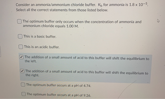 Solved Consider an ammonia/ammonium chloride buffer. Kb for | Chegg.com