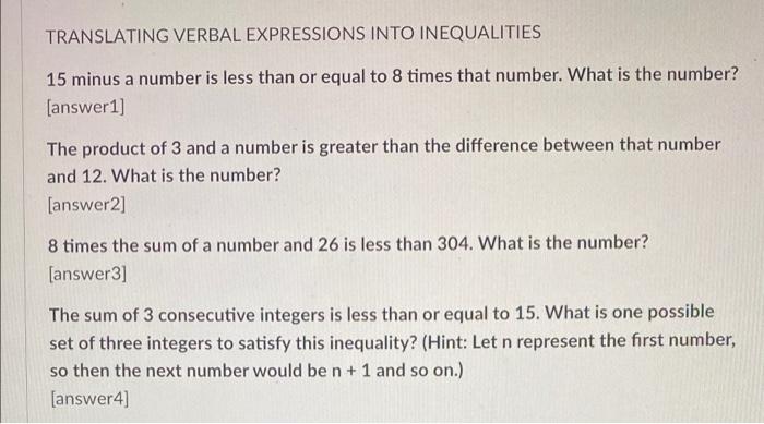 Solved TRANSLATING VERBAL EXPRESSIONS INTO INEQUALITIES 15 | Chegg.com