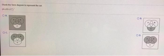 Solved Shade the Venn diagram to represent the set AUBUC) OA | Chegg.com