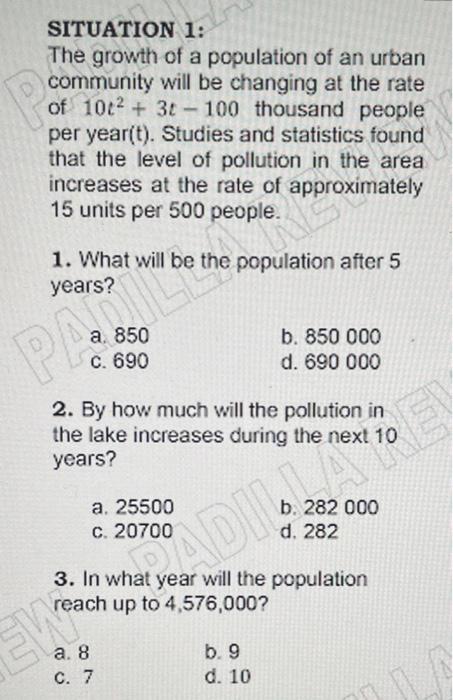 SITUATION 1: The growth of a population of an urban | Chegg.com