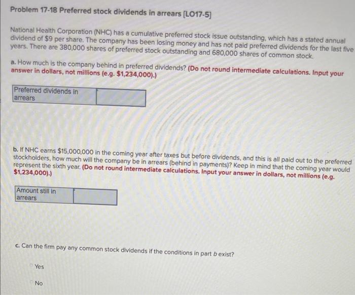 Solved Problem 17-18 Preferred stock dividends in arrears | Chegg.com