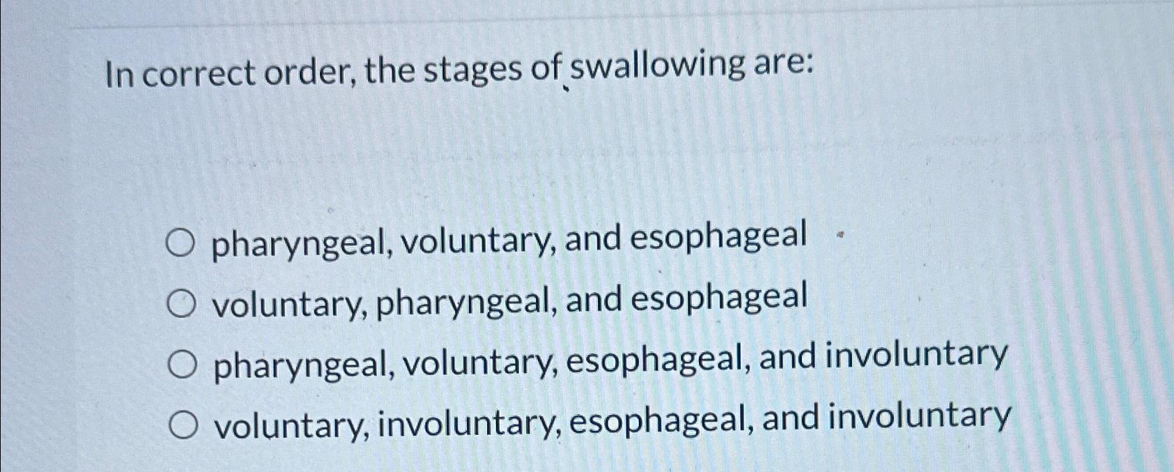 Solved In correct order, the stages of swallowing | Chegg.com
